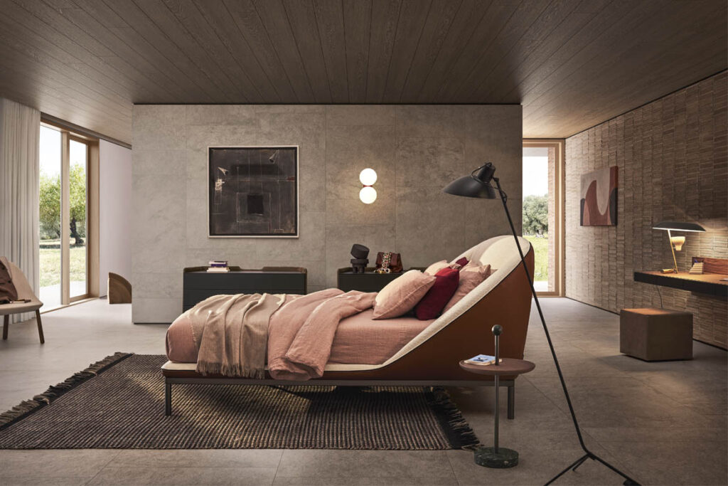Domenica modern bed in fabric, lether, design by Simone Bonanni
