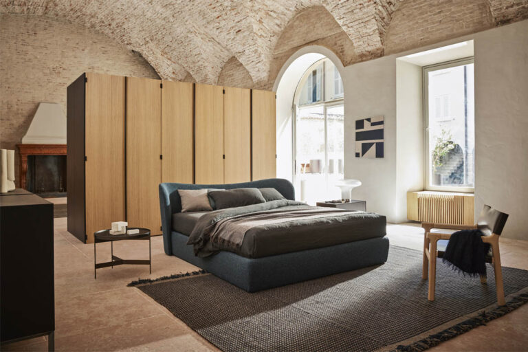 Embrace modern bed in fabric, lether, design by Note Design Studio